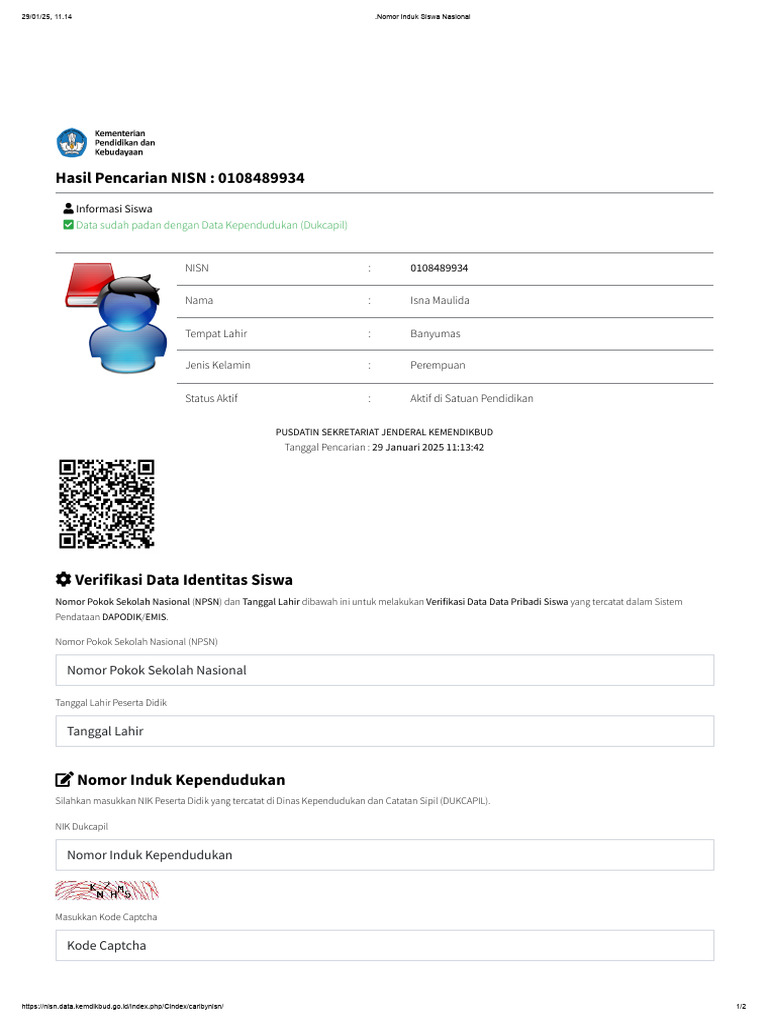 Nomor Induk Siswa Nasional ISNA MAULIDA | PDF
