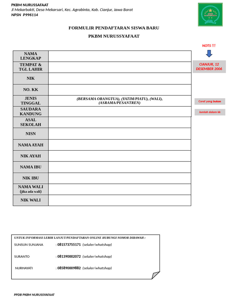 Formulir Pendaftaran Siswa Baru | PDF