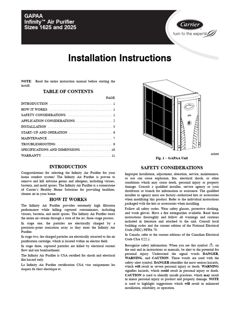 Carrier Air Purifier Model GAPAA | PDF | Duct (Flow) | Power Supply