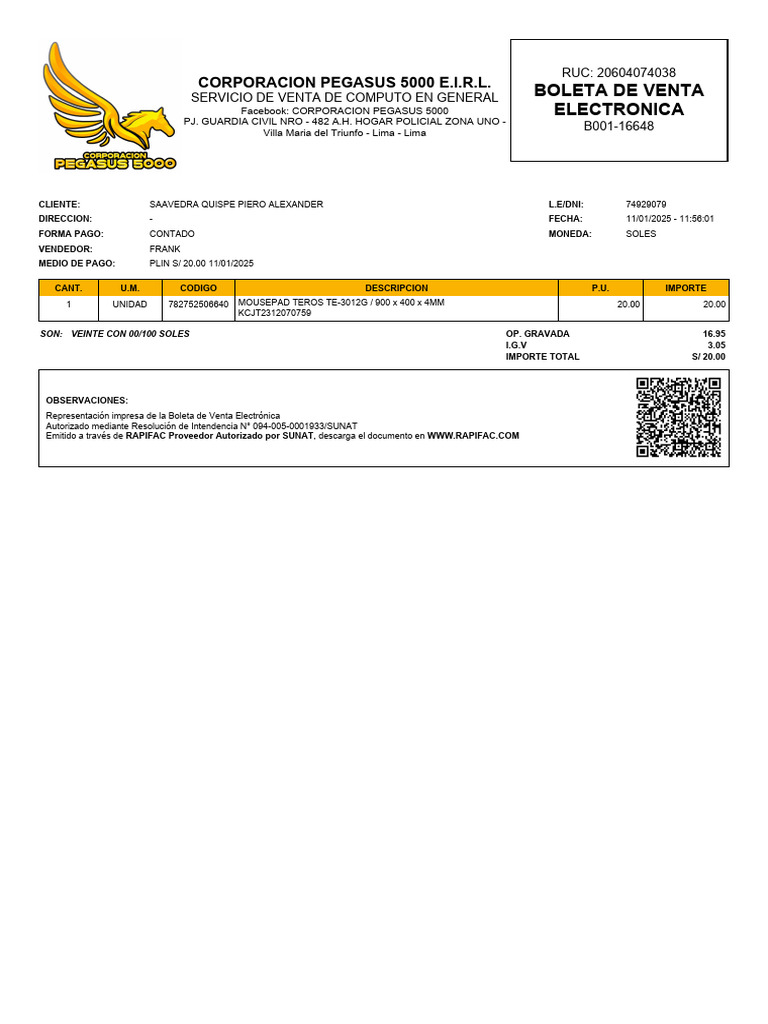 Boleta de Venta Electrónica - Pegasus 5000 | PDF
