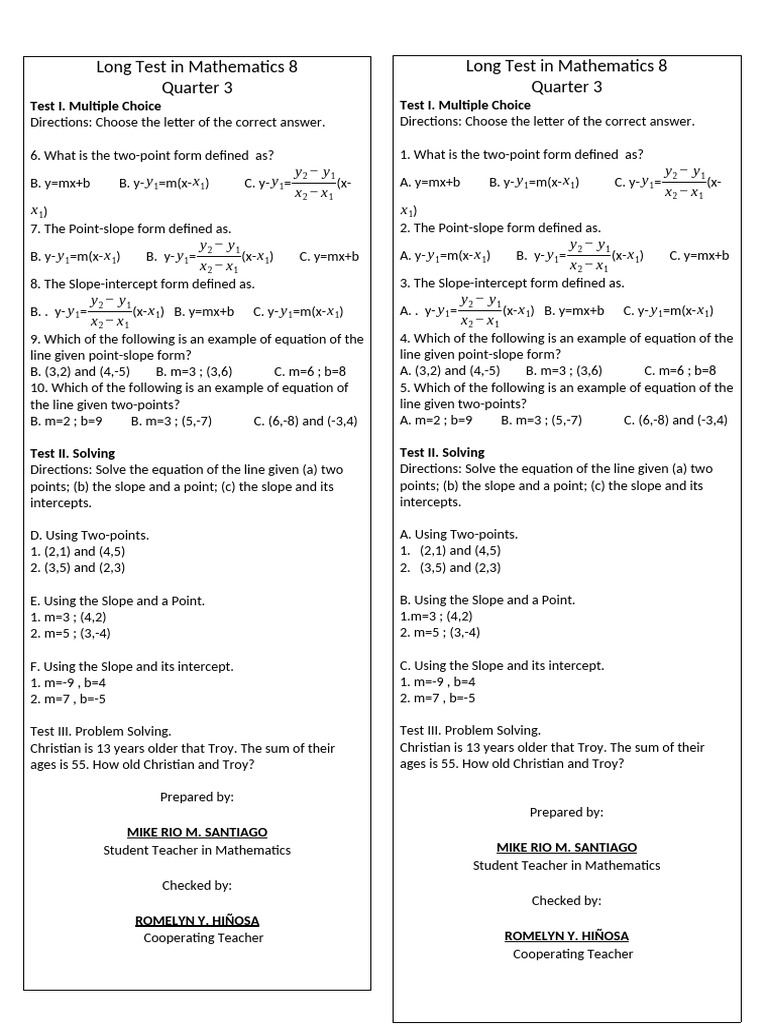 Mathematics 8 Long Test: Equations & Problems | PDF | Mathematics ...