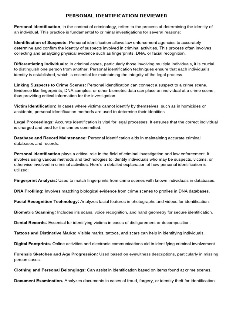 Personal Identification in Criminology | PDF | Crime Scene | Fingerprint