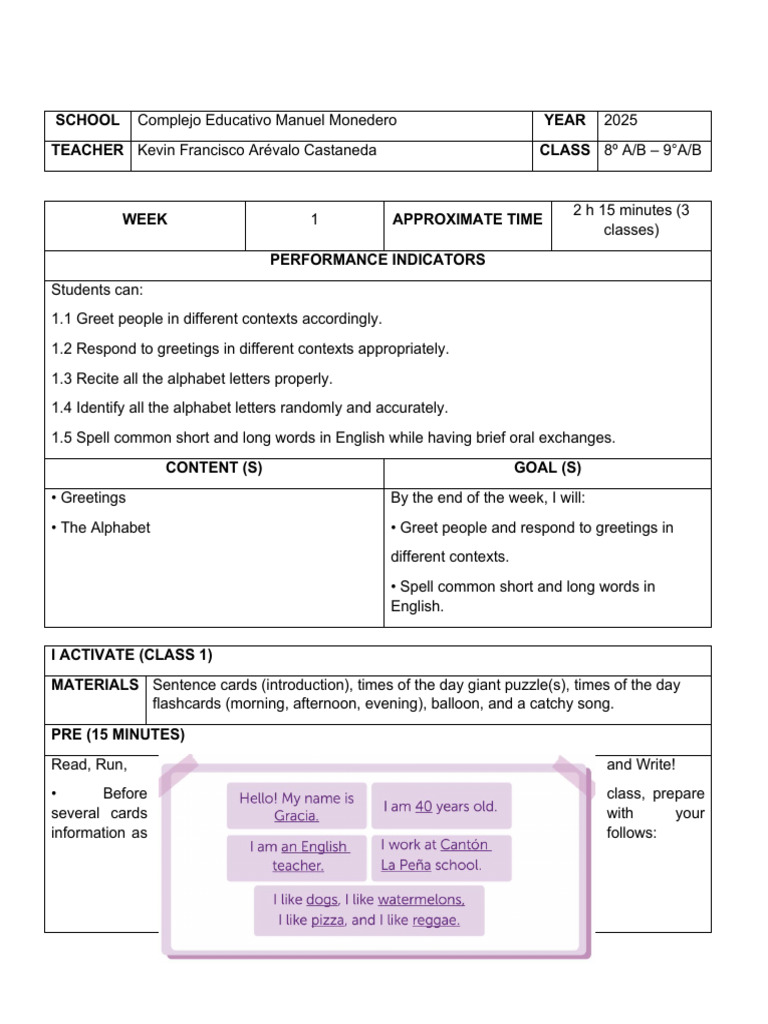 Lesson Plan Unit 1 Week 1 A1 | PDF | Identity Document | Human ...