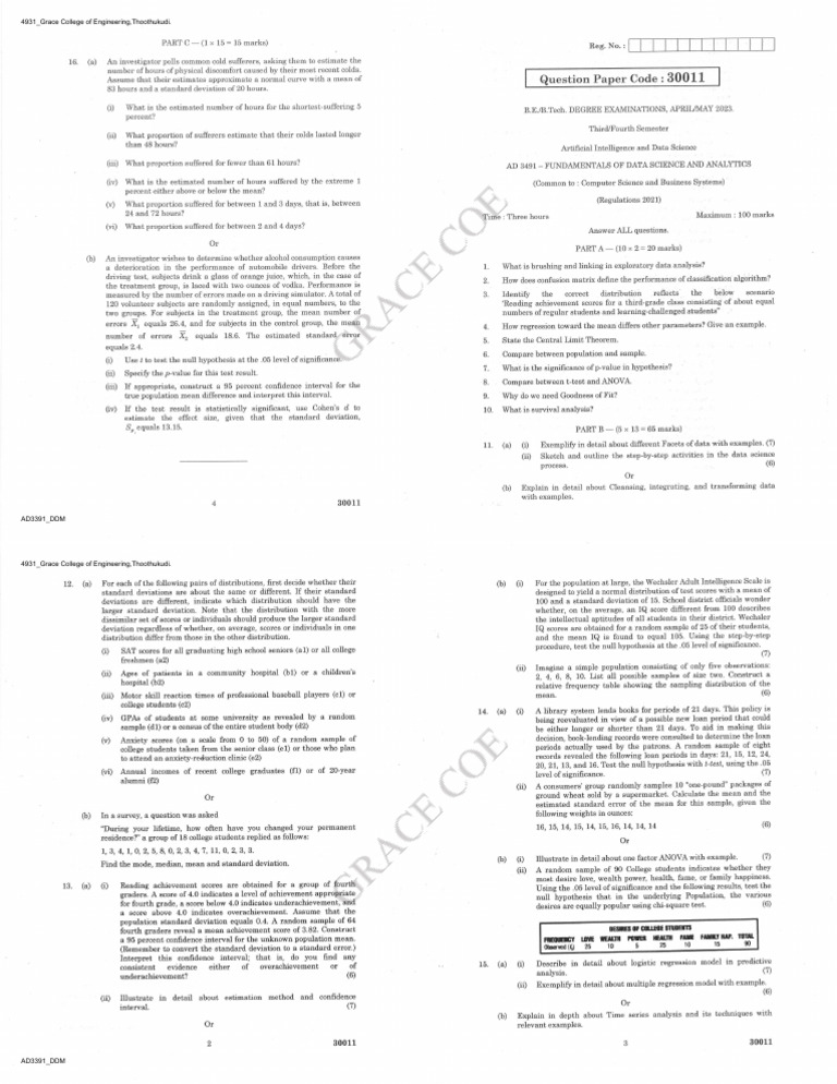 Fundamentals of Data Science and Analytics - AD3491 2021 Regulation - Question Paper 2023 April ...