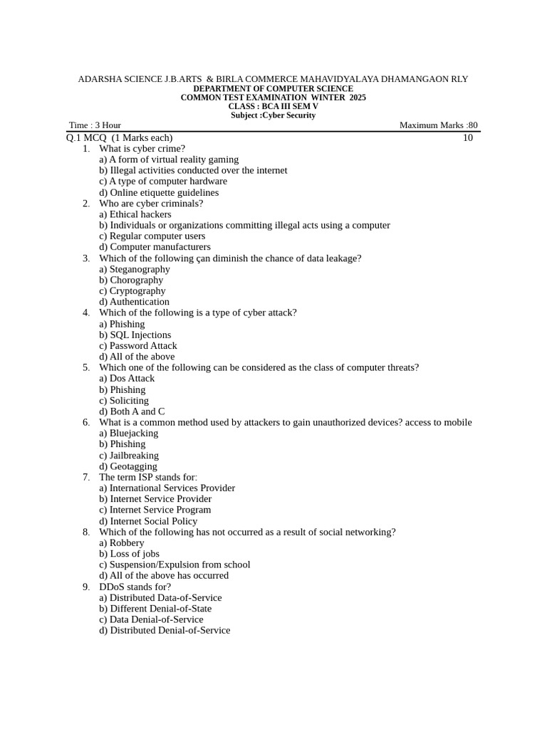 Cyber Security Common Test BCA III Sem V | PDF | Cybercrime | Malware