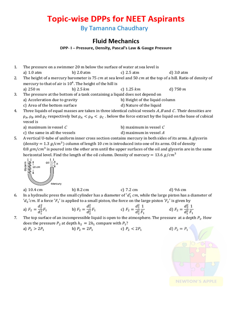 All Stars DPP - Fluid Mechanics - I | PDF | Pressure | Atmospheric Pressure