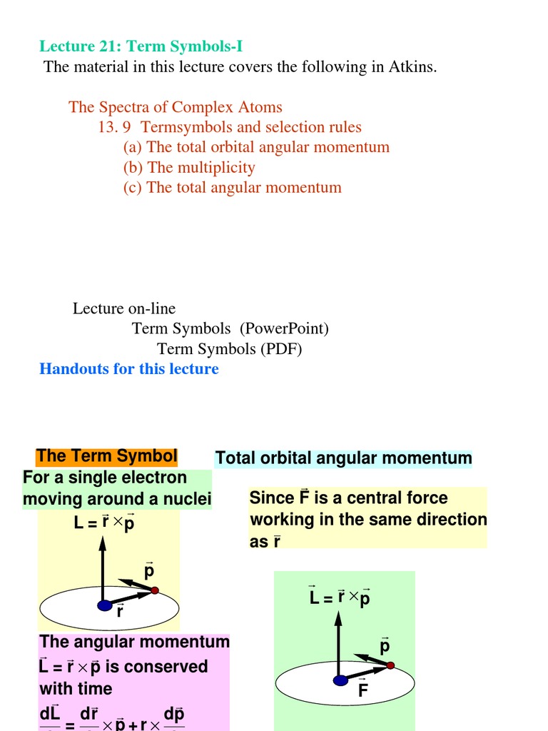 Chem 373 - Lecture 21: Term Symbols-I | PDF | Atomic Orbital | Spin ...