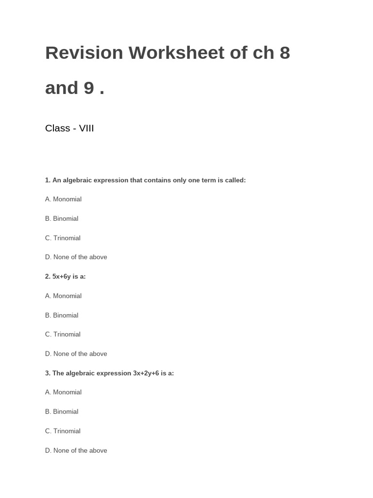 Algebraic Expressions Revision Worksheet | PDF | Mathematics | Algebra