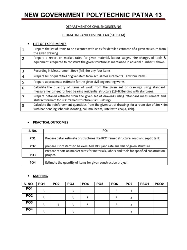 Estimating and Costing Lab Manual | PDF
