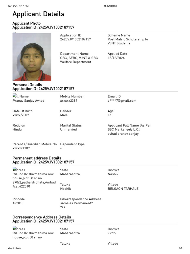 Pranav Avhad Scholarship Form | PDF