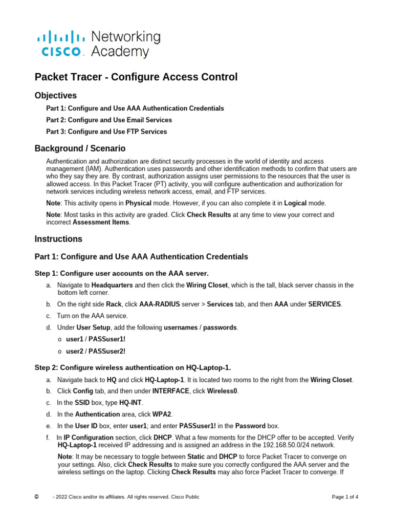 13.1.14 Packet Tracer - Configure Access Control | PDF | File Transfer Protocol | User (Computing)