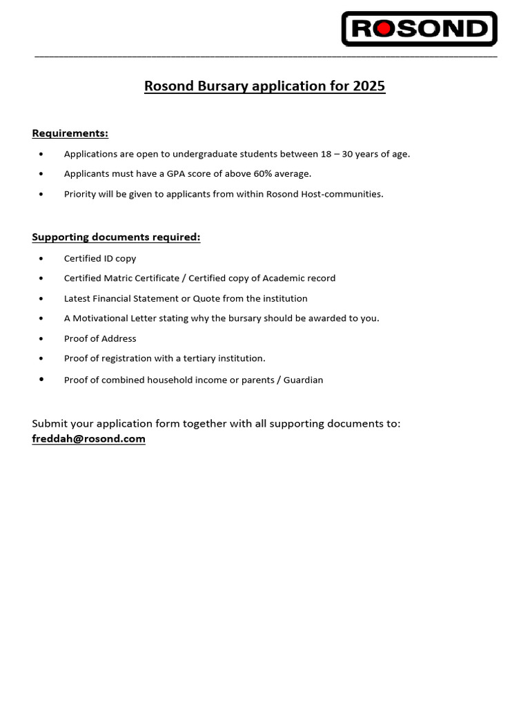Rosond Bursary Application Form 2025 External Applicant | PDF ...