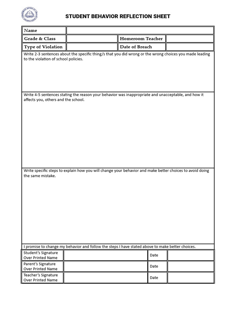 Student Behavior Reflection Form | PDF