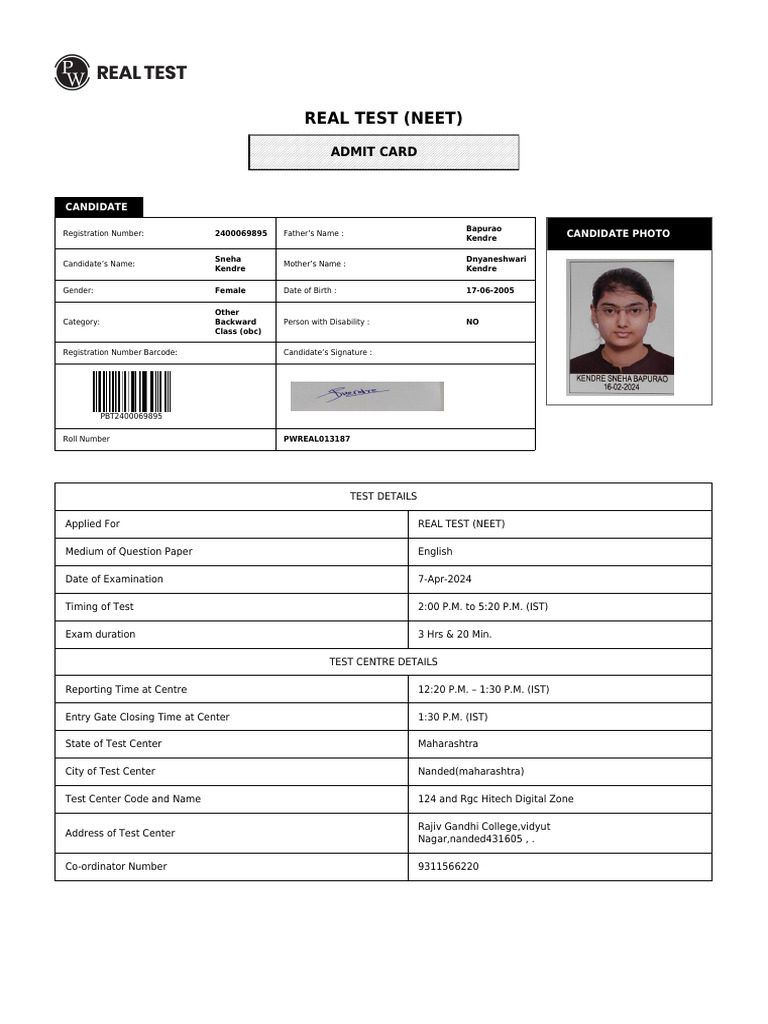 NEET 2024 Admit Card & Instructions | PDF | Identity Document
