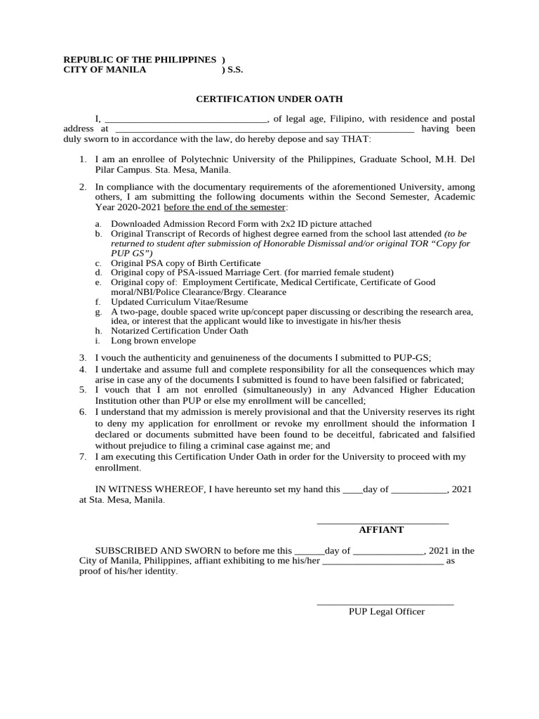 Certification Under Oath for PUP Enrollment | PDF | Justice | Crime & Violence