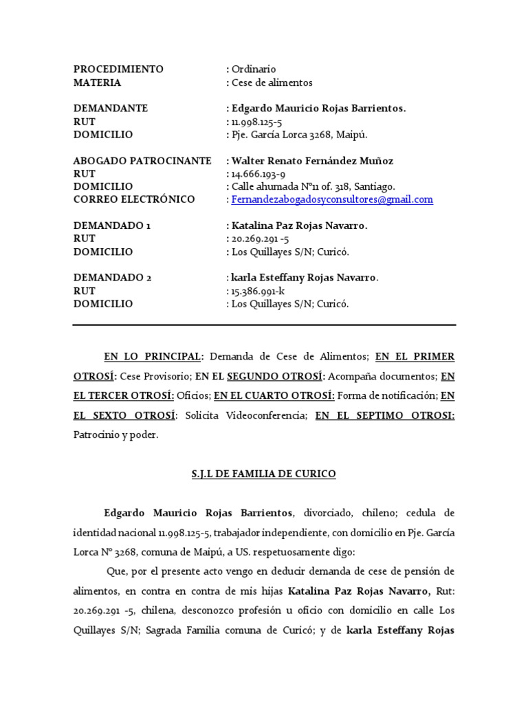 Demanda de Cese de Alimentos Don Eduardo Rijas 2024 | PDF | Pensión alimenticia | Pensión
