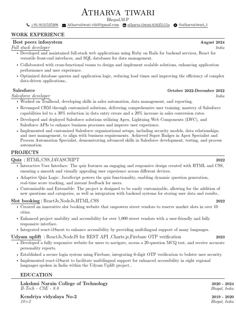 Full Stack Developer Resume - Atharva Tiwari | PDF | Databases | Automation