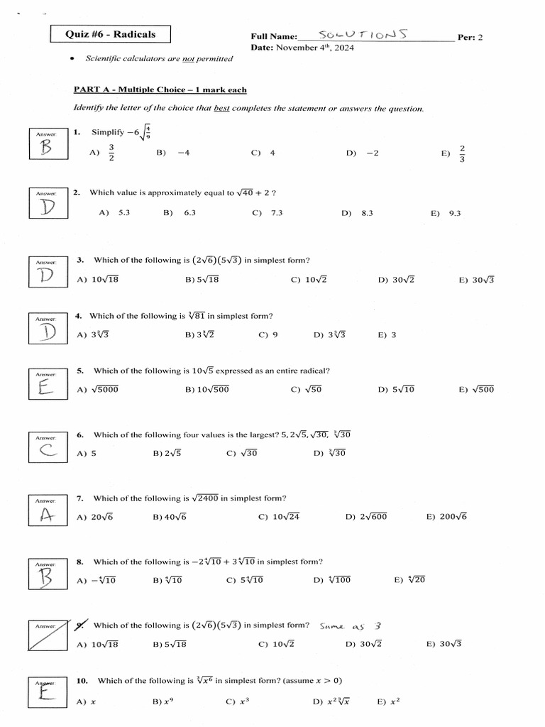 Solutions - Mcr3u Quiz 6 Radicals - Nov 4 - 2024 | PDF