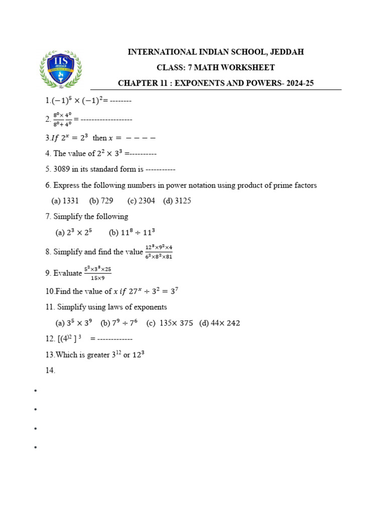 VII Ch - 11 Exponents and Powers | PDF