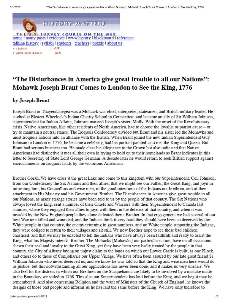 Mohawk Joseph Brant Comes To London To See The King 1776 | PDF
