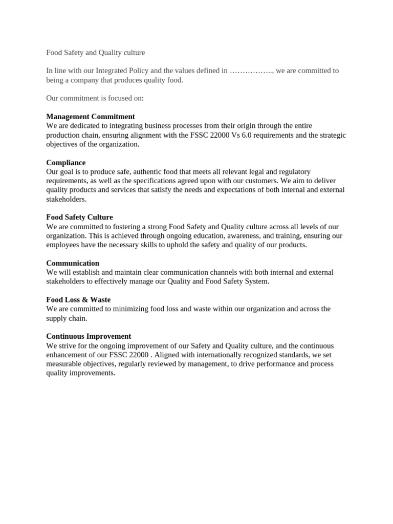 FSSC (Food Safety and Quality Policy) | PDF