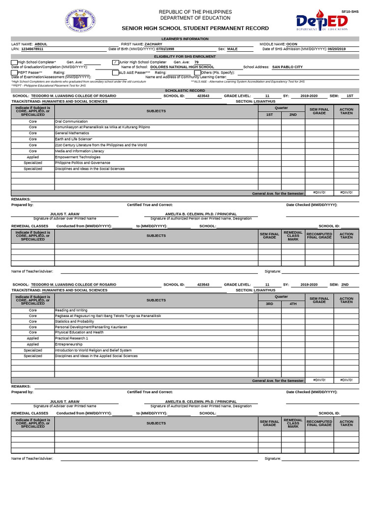 School Form 10 SF10 SHS Senior High School Student Permanent Record Co ...