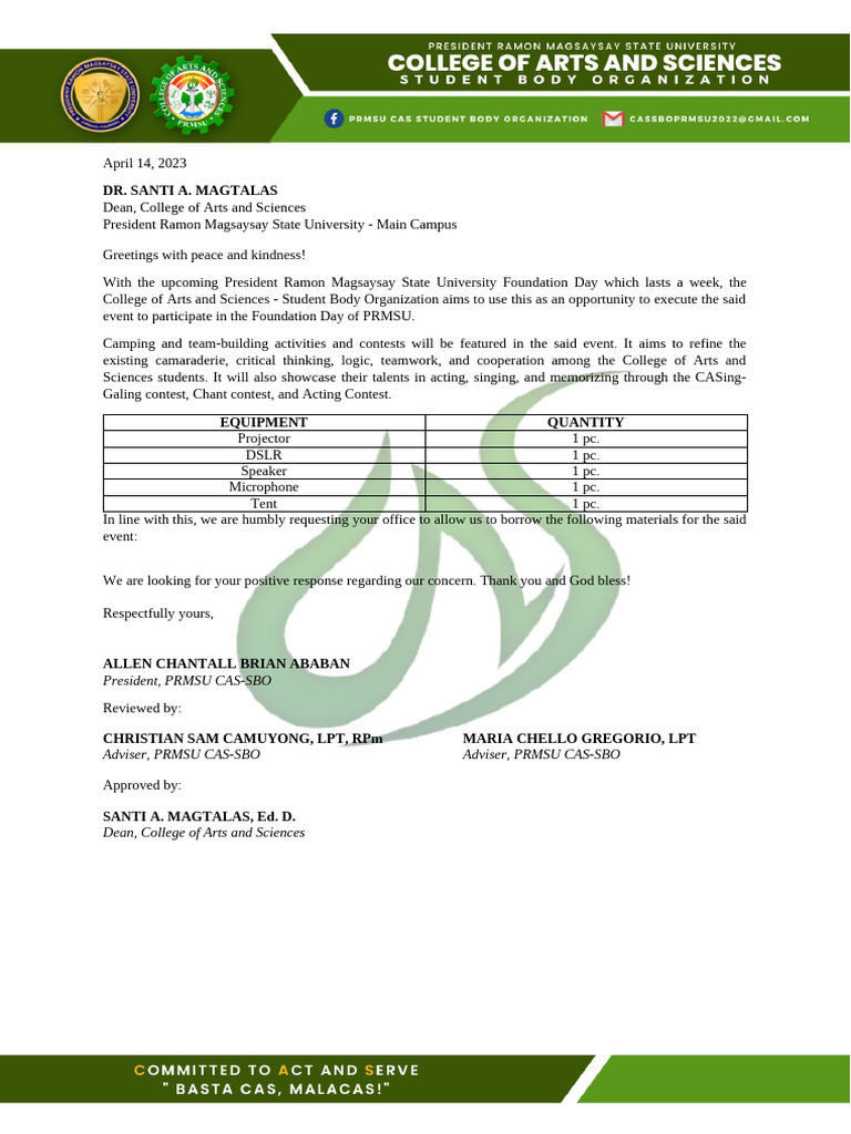 Letter For CAS Equipment | PDF