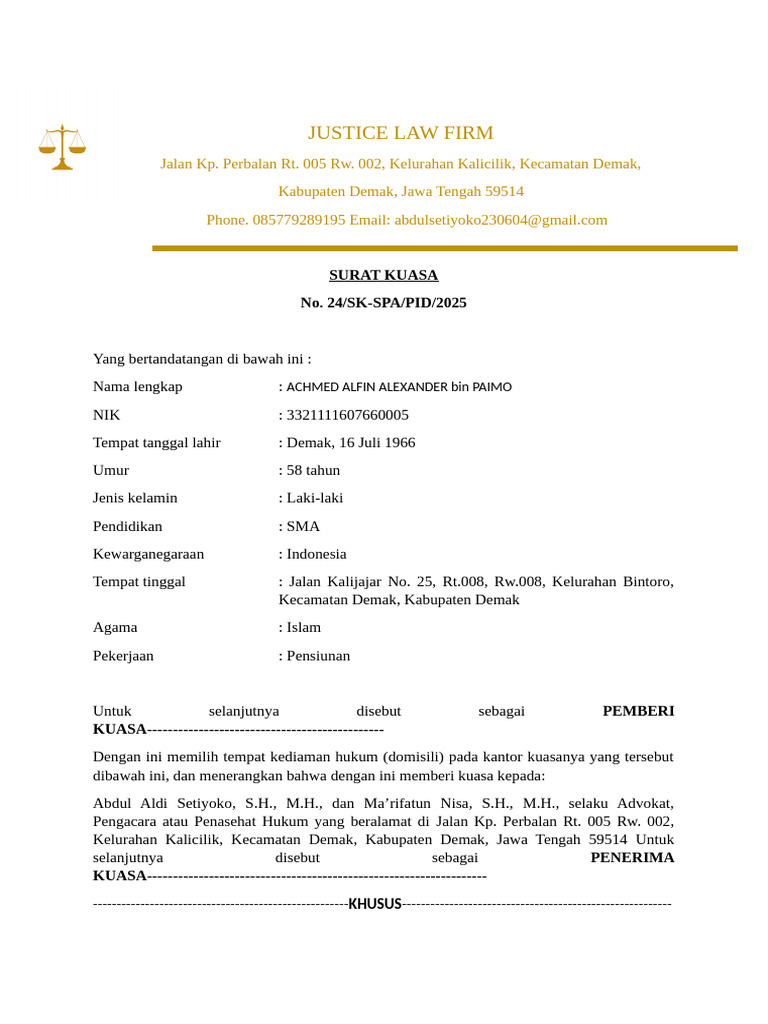 Surat Kuasa Justice Law Firm | PDF