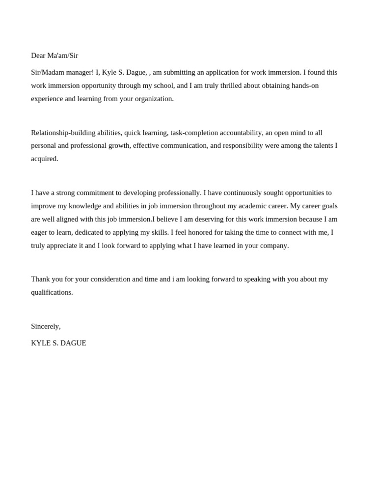 Work Immersion Application by Kyle Dague | PDF