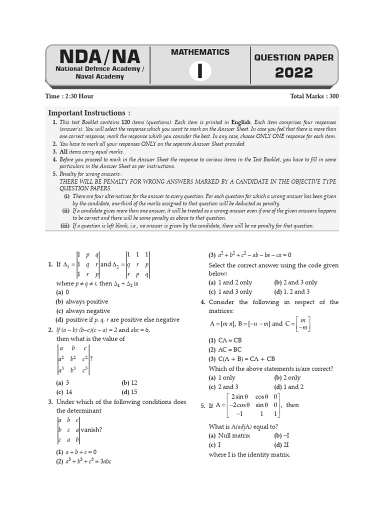 2022 Maths-I NDA NA | PDF | Median | Matrix (Mathematics)