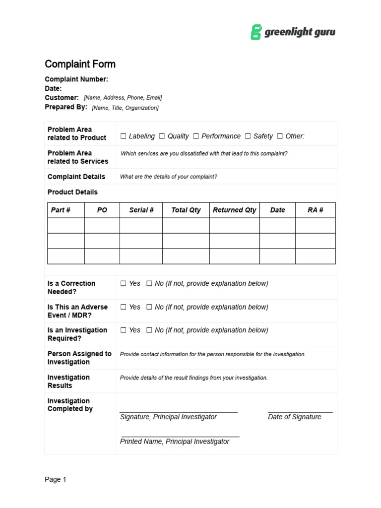 Complaint Form_Greenlight Guru | PDF
