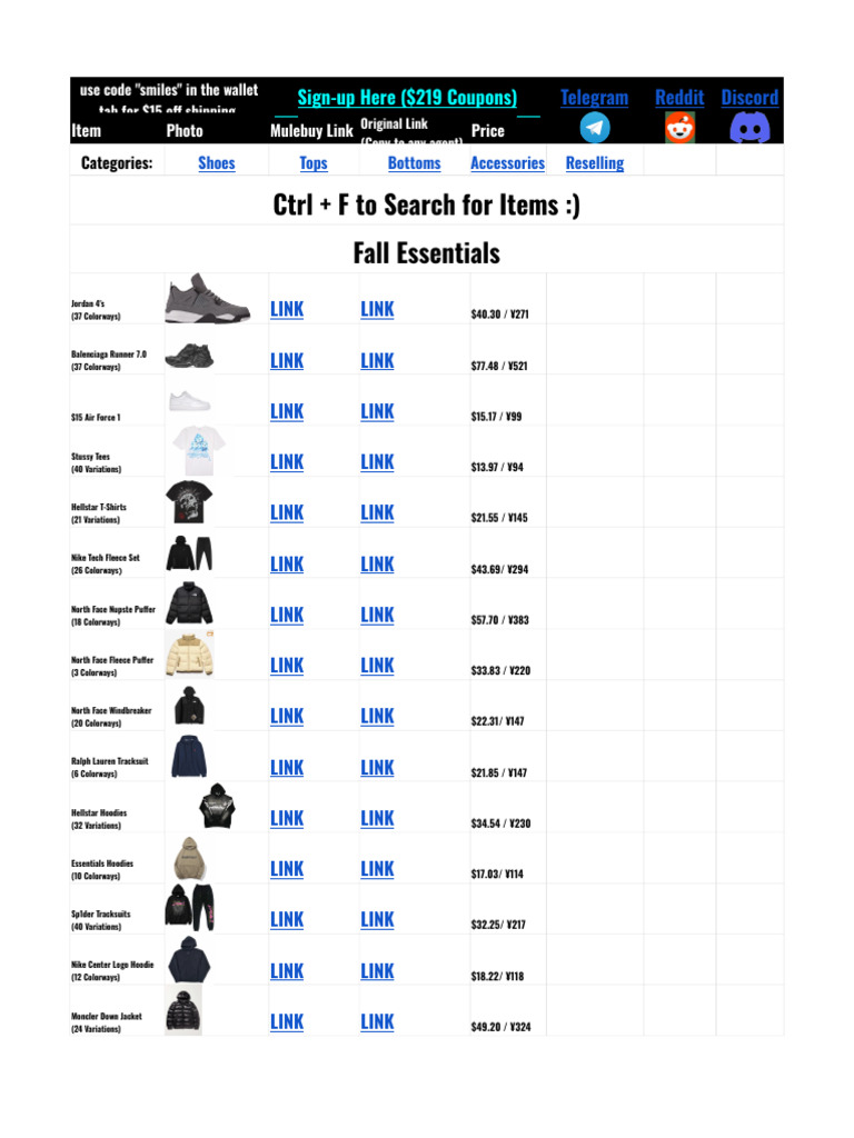 Mulebuy Spreadsheet | PDF | Sneakers | Shoe