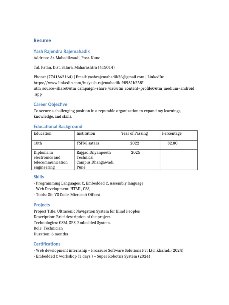 Fresher Resume Template Pdf