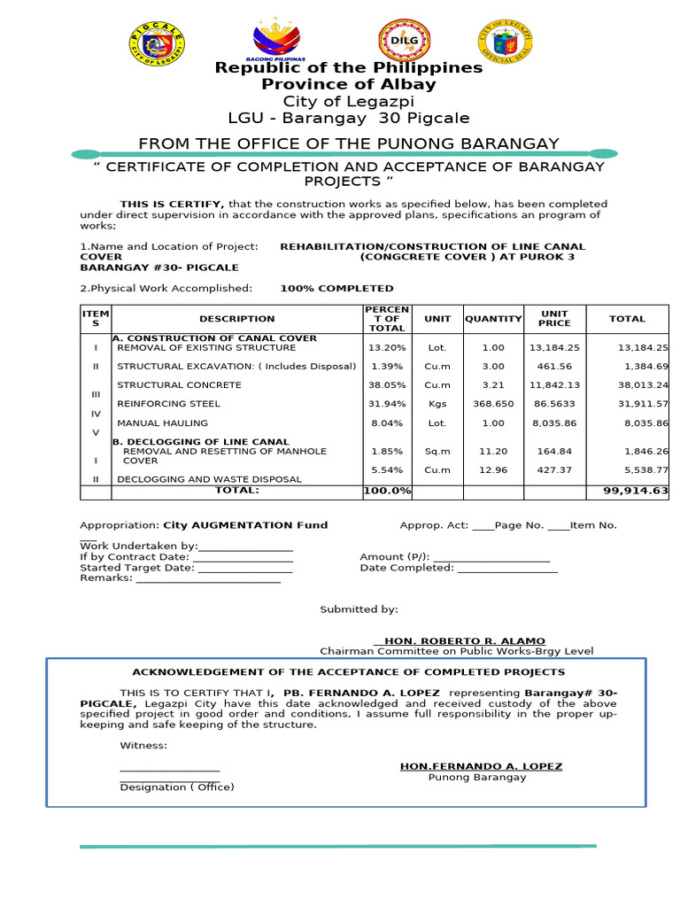 Completion Certificate for Canal Cover Project | PDF | Materials