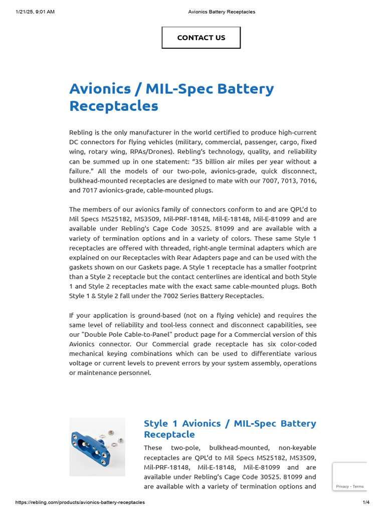 Avionics MIL-Spec Battery Receptacles | PDF | Electrical Connector ...