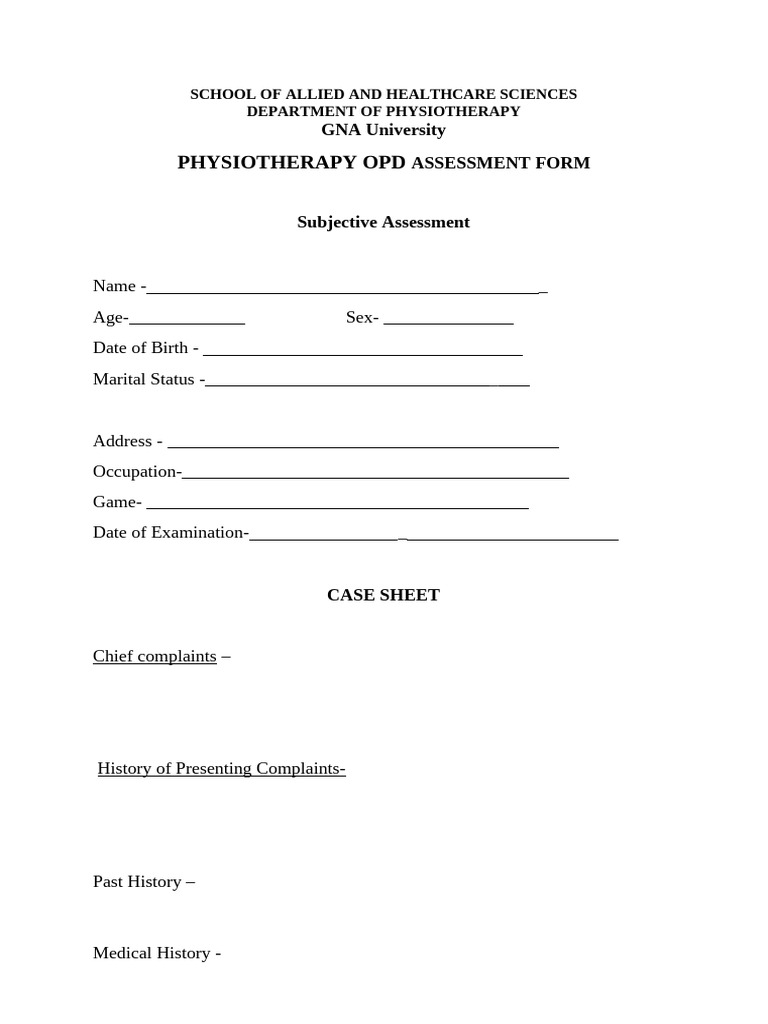 Physiotherapy Assessment Form IST YEAR | PDF