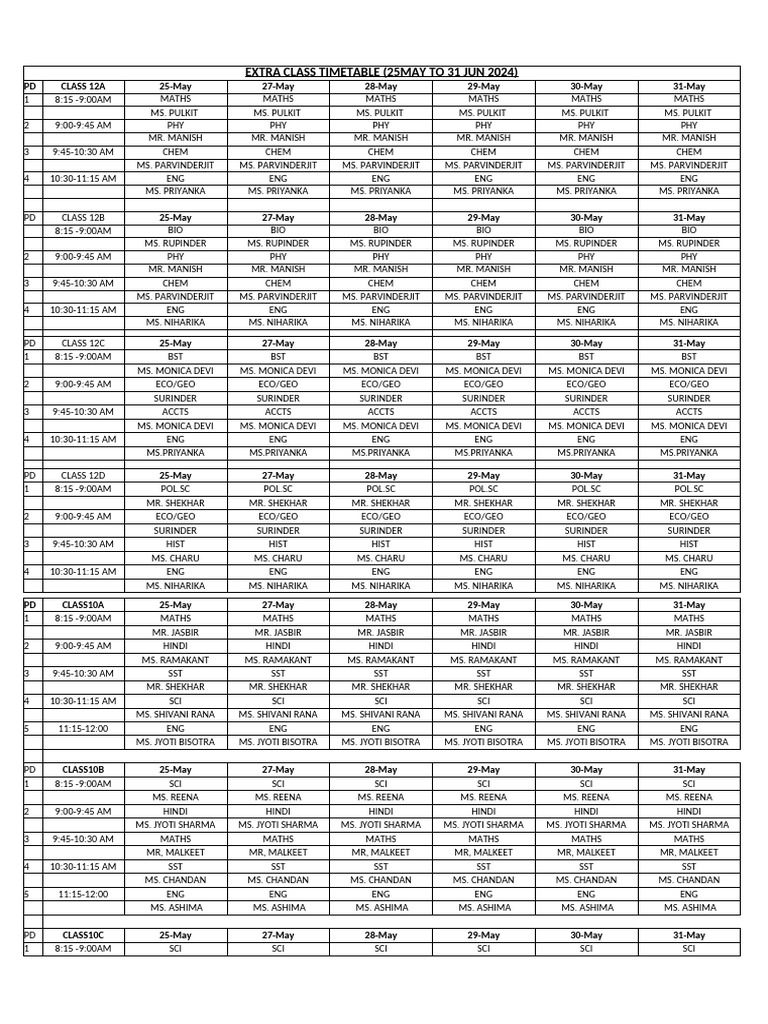 Class Xii Online Timetable | PDF
