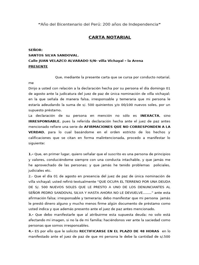 Carta Notarial Corregida Vichayal La Arena | PDF | Castigos