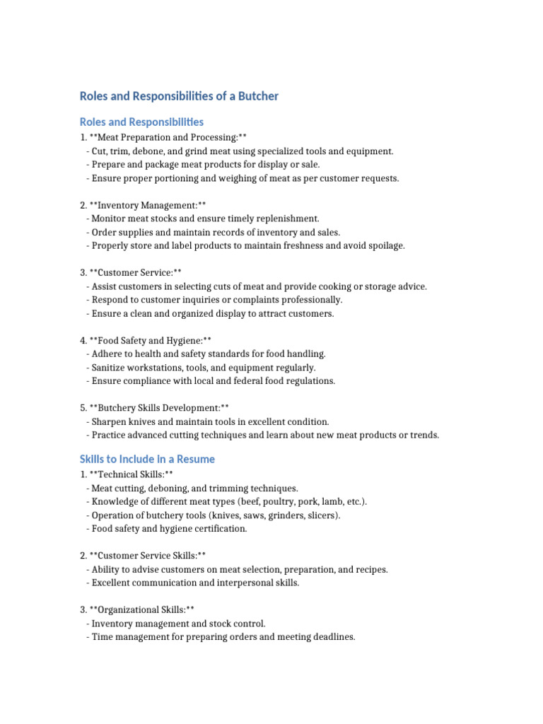 Roles and Responsibilities of A Butcher | PDF