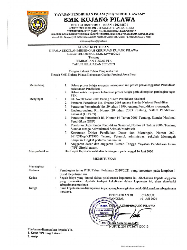SK Pembagian Tugas Mengajaran 2020 & 2021 | PDF