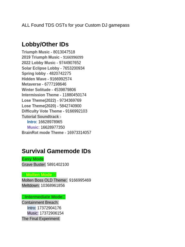 TDS OST Music IDs | PDF