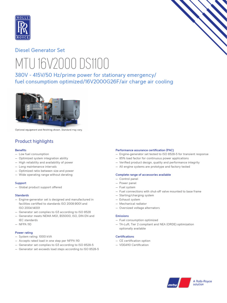 Data Sheet MTU 1000 kVA | PDF | Radiator | Electric Generator