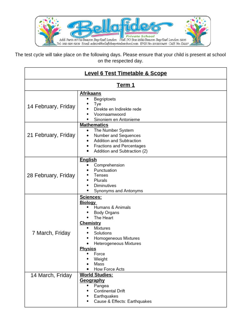 Level 6 Test Schedule Term 1 | PDF | Homogeneity And Heterogeneity