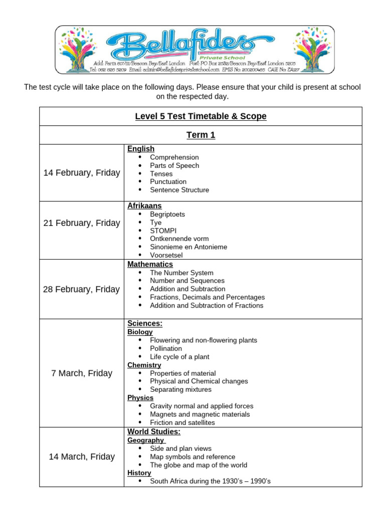 Level 5 Assessment Timetable & Scope | PDF