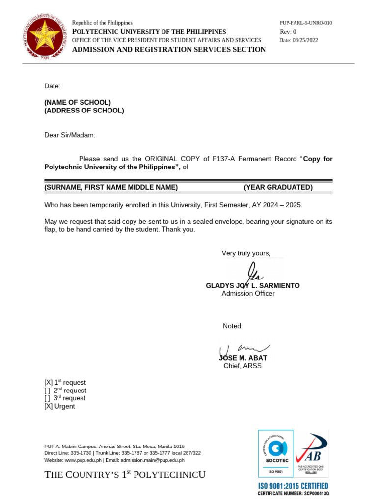 PUP Request Letter For FORM 137-A | PDF