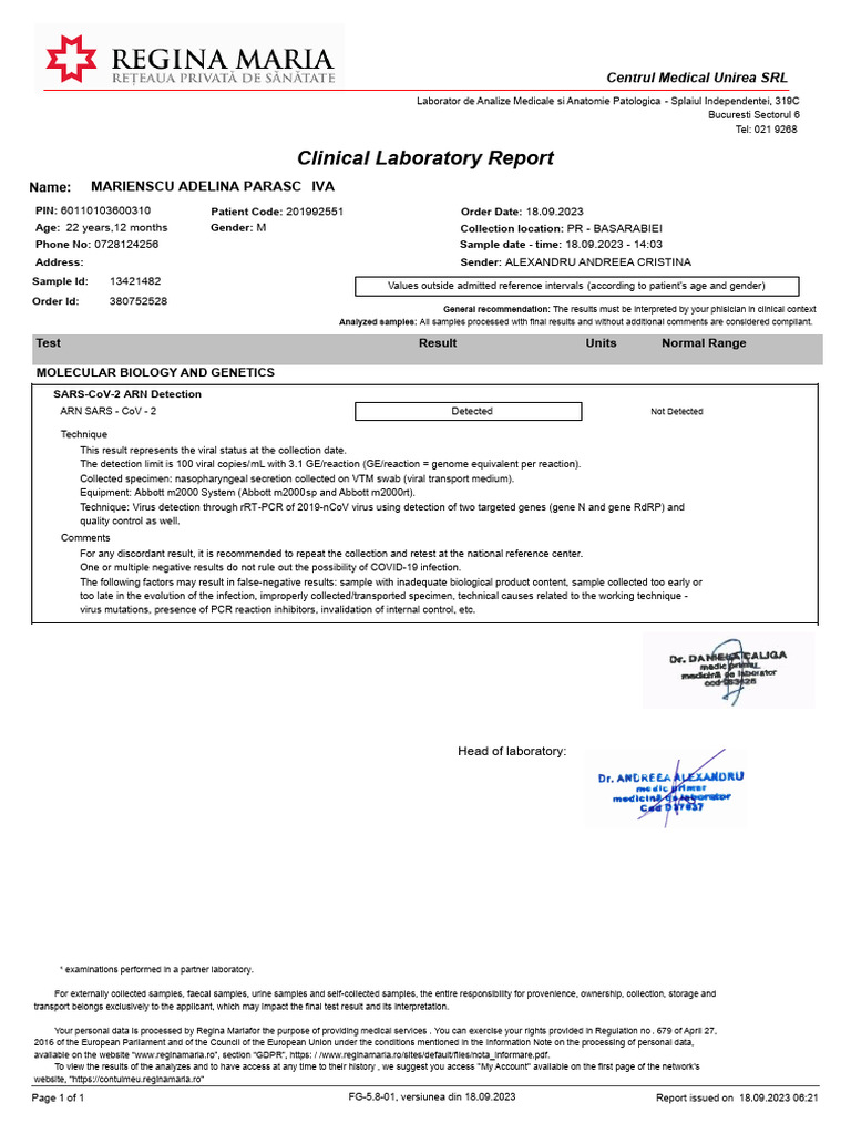 Regina Maria Covid 09.2023 | PDF | Virus | Infection