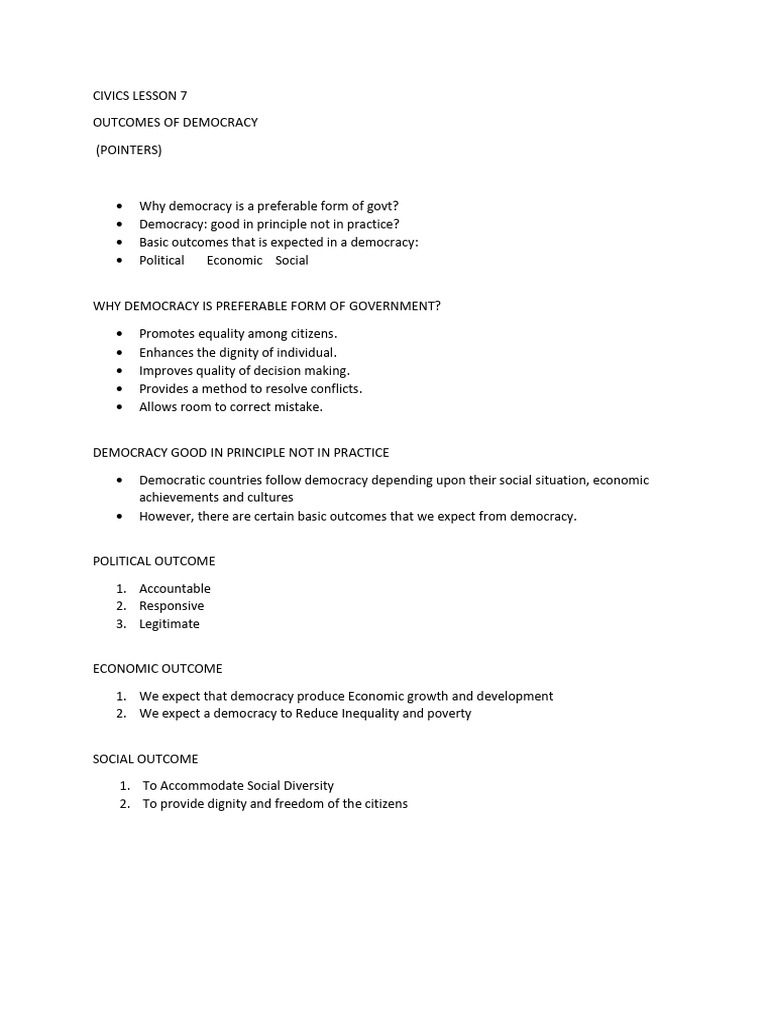 OUTCOMES OF DEMOCRACY NOTES | PDF | Democracy | Political Ideologies