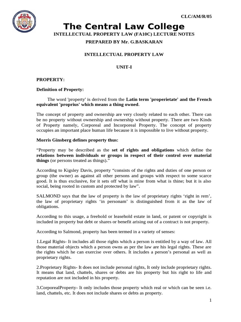 Ipr Lecture Notee | PDF | Assignment (Law) | Intellectual Property