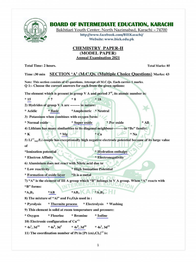 XII Chemistry Solved Past Papers and Solved Model Papers Karachi Board ...