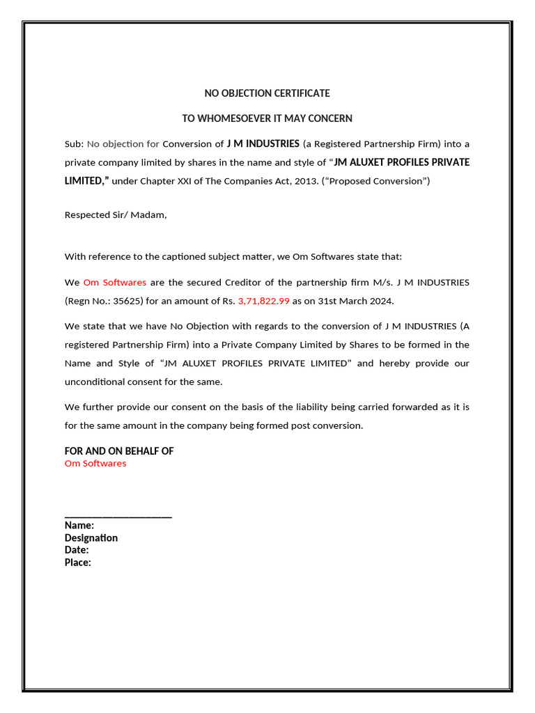No Objection Certificate for Company Conversion | PDF